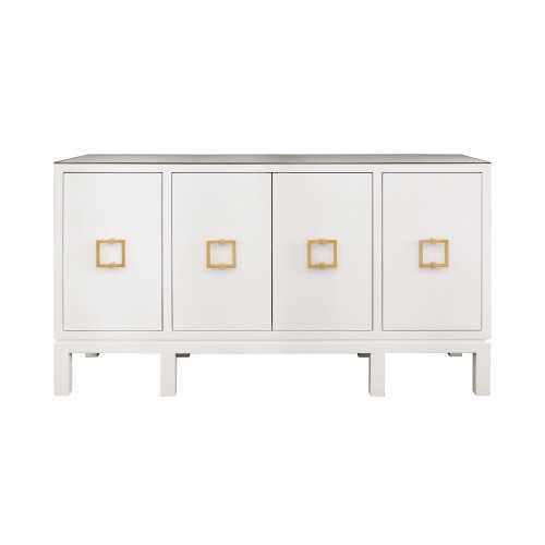 Four Door Buffet With Large Brass Square Hardware In White Textured ...